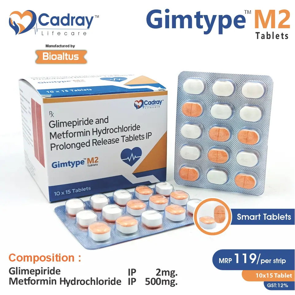 Gimtype M2 Tablet (Glimepiride (2mg) + Metformin (500mg) SR Bilayered ...