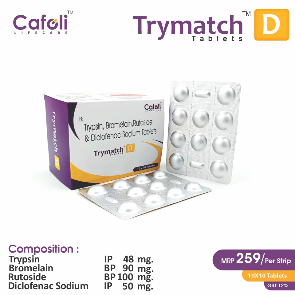 Trymatch D Tablet (Trypsin I.P. 48mg + Bromelain B.P. 90mg + Rutoside ...
